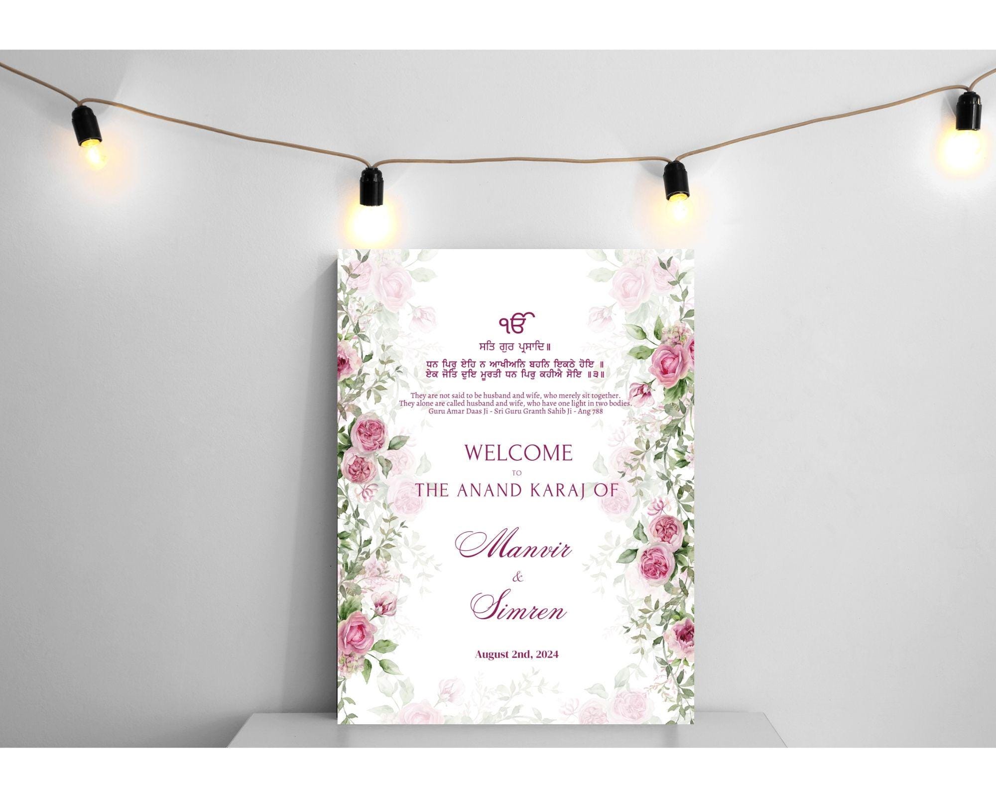 Anand Karaj Welcome Sign Jee Ayan Nu Elegant Pink Rose Floral Punjabi ...