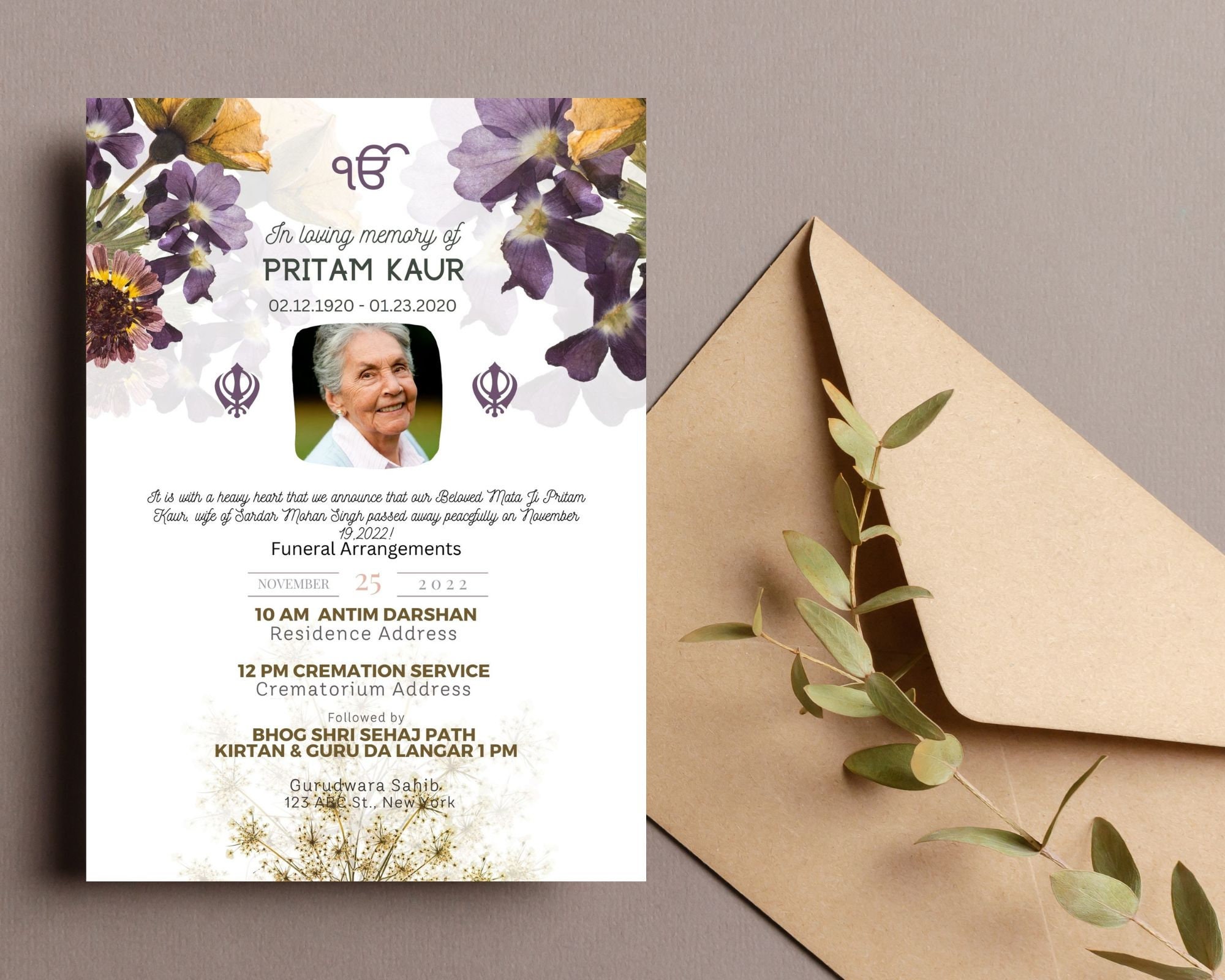 Sikh Funeral Invite, Punjabi Funeral Invitation Template,sikh Death ...