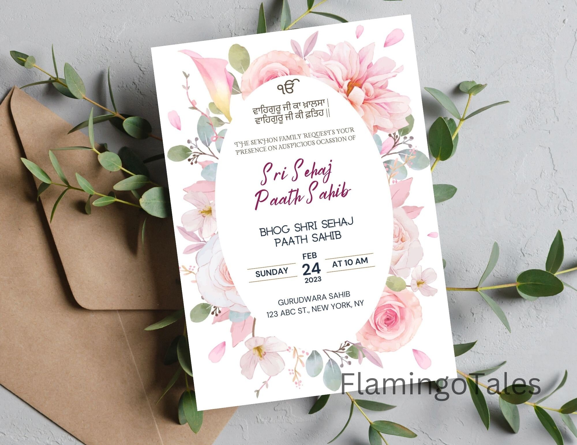 Sri Sehaj Paath Invitation, Pretty Pink Flowers Canva DIY Template ...
