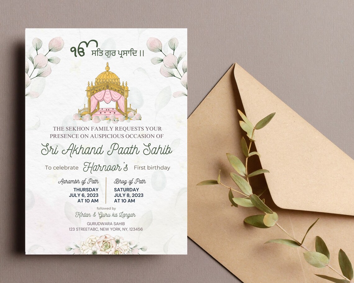 Sri Akhand Paath Invite Canva Template,sikh Invitations,pastel Pink ...