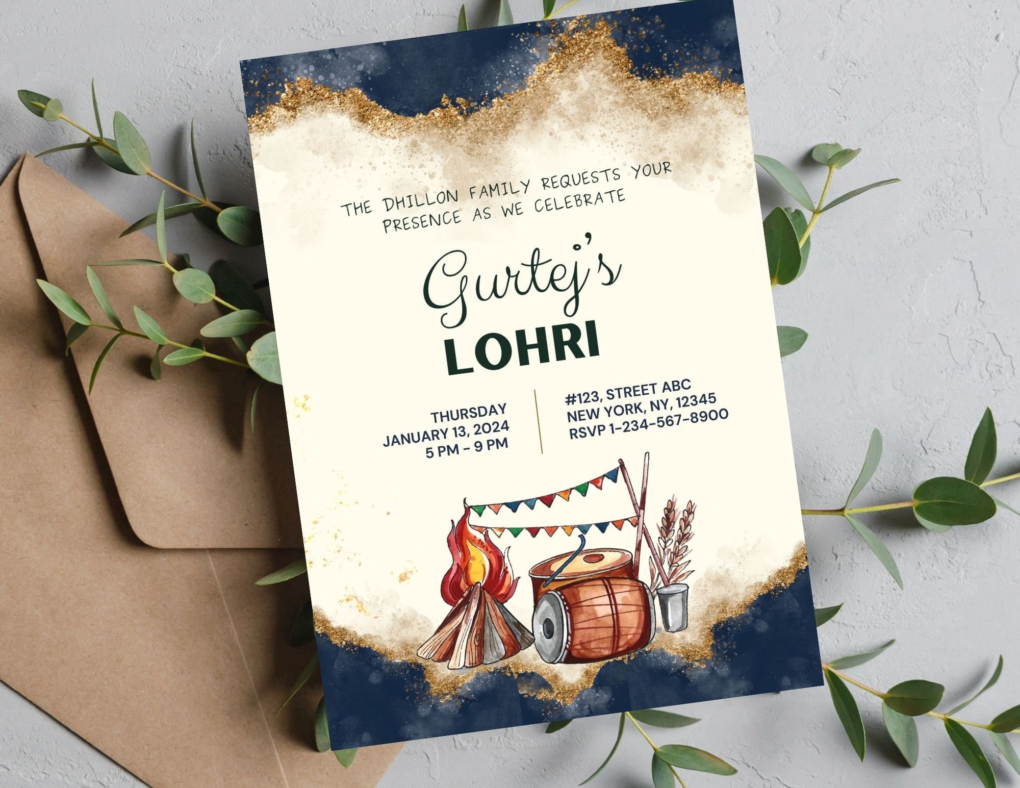 Lohri Party Digital Invite, Deep Navy Blue Golden,bonfire, Celebration ...