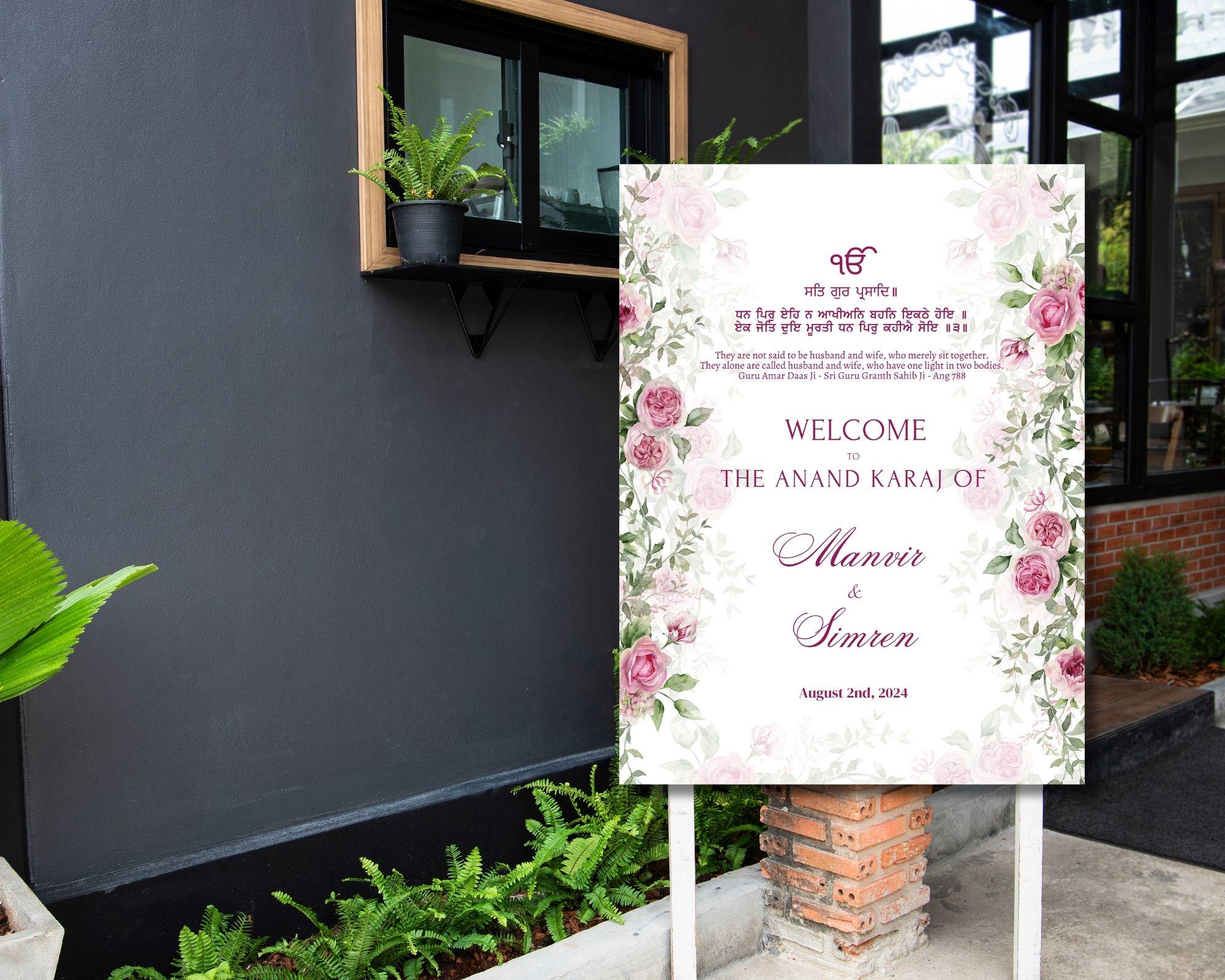 Anand Karaj Welcome Sign Jee Ayan Nu Elegant Pink Rose Floral Punjabi ...
