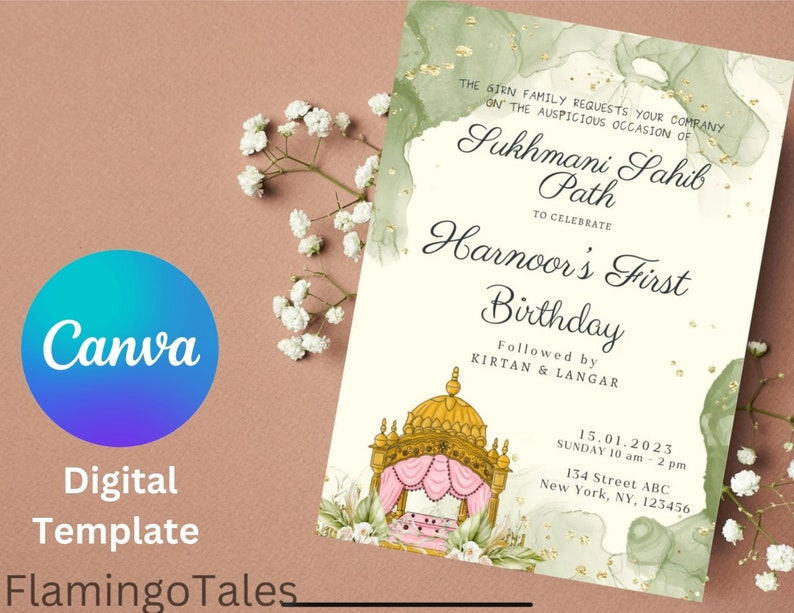 Sukhmani Sahib Paath Invite for Baby First Birthday Sage Green Canva ...