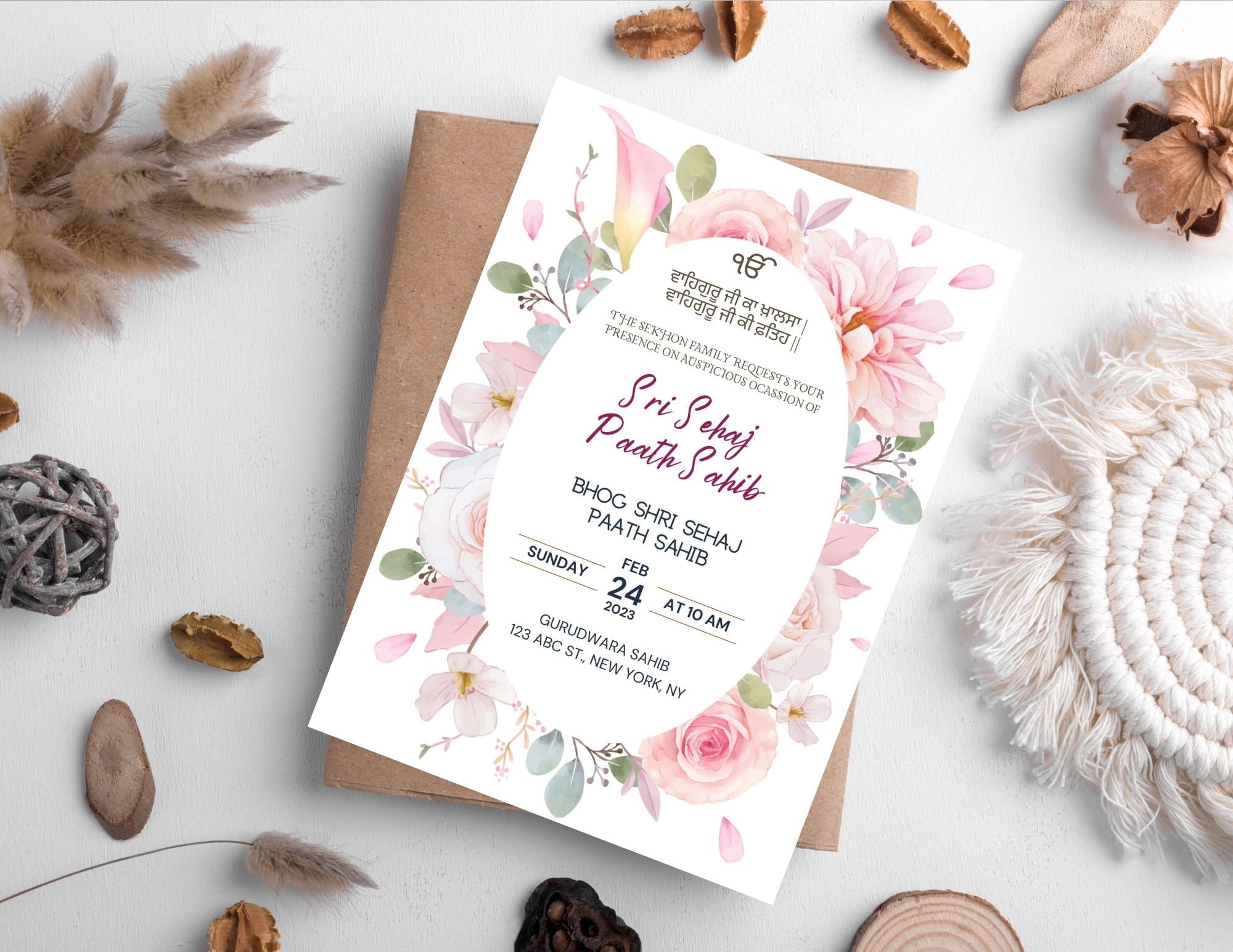 Sri Sehaj Paath Invitation, Pretty Pink Flowers Canva DIY Template ...