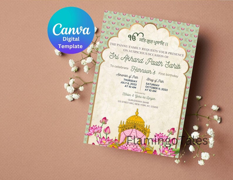 Sri Akhand Paath Invite Canva Template Pink Lotus,sikh Invitations ...