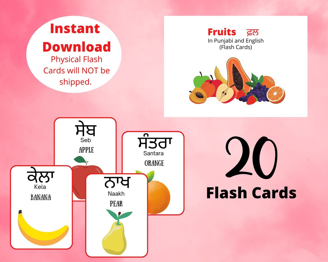 Fruits in Punjabi Flash Cards,printable Flash Cards,punjabi English ...