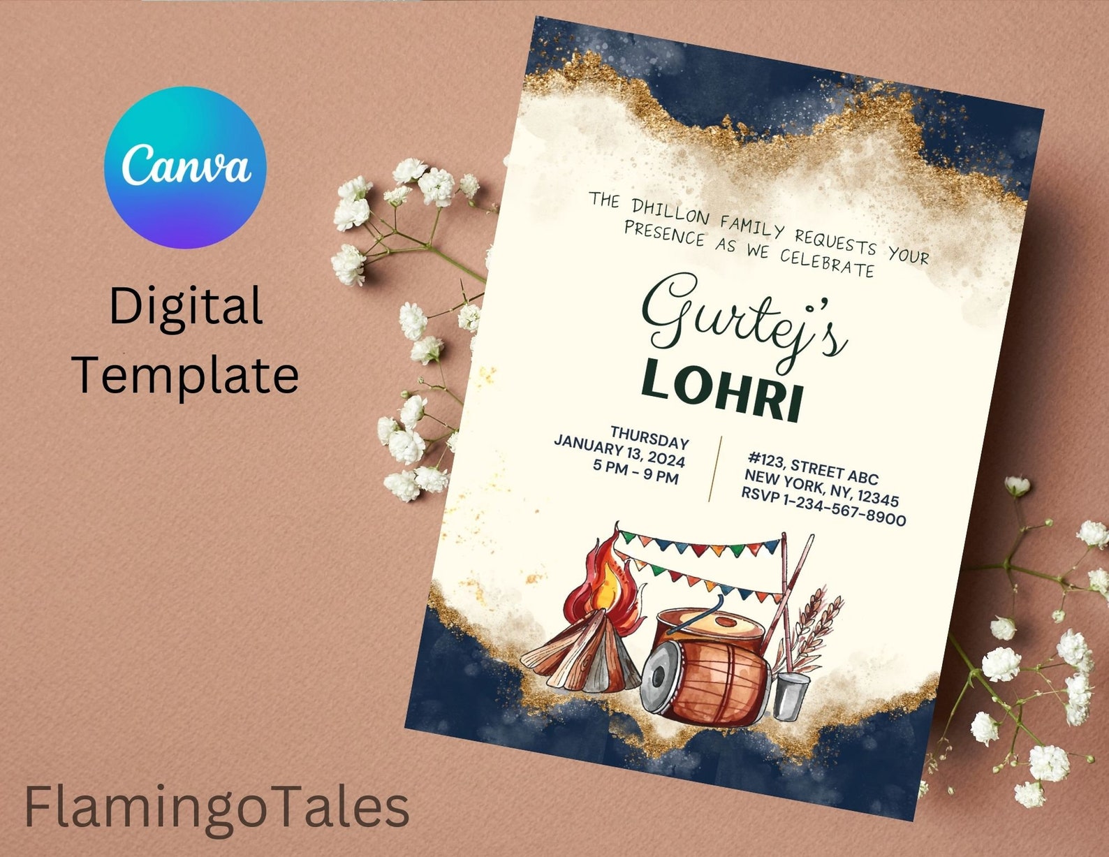 Lohri Party Digital Invite, Deep Navy Blue Golden,bonfire, Celebration ...