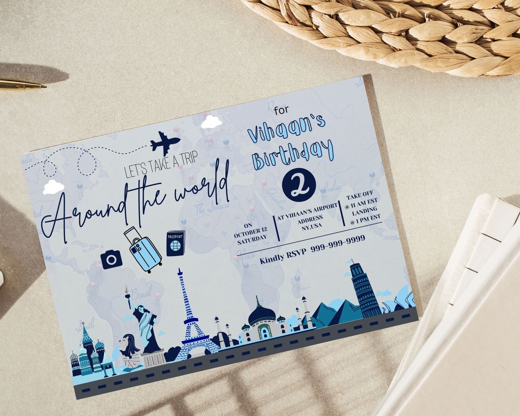 Around the World Theme Birthday Invite,printable Birthday Invite ...