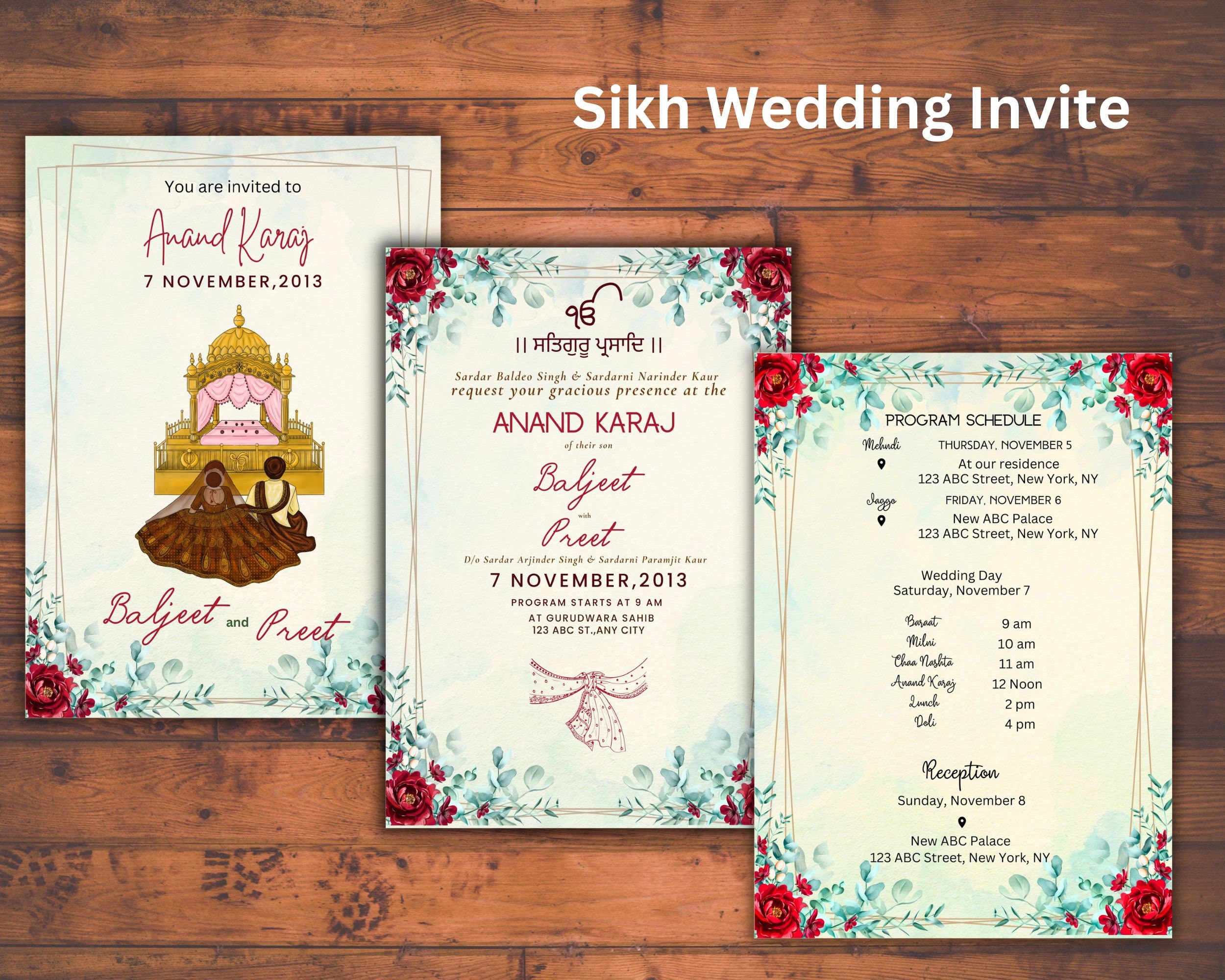 Anand Karaj Invites,sikh Wedding Ceremony Card,floral Maroon Green ...