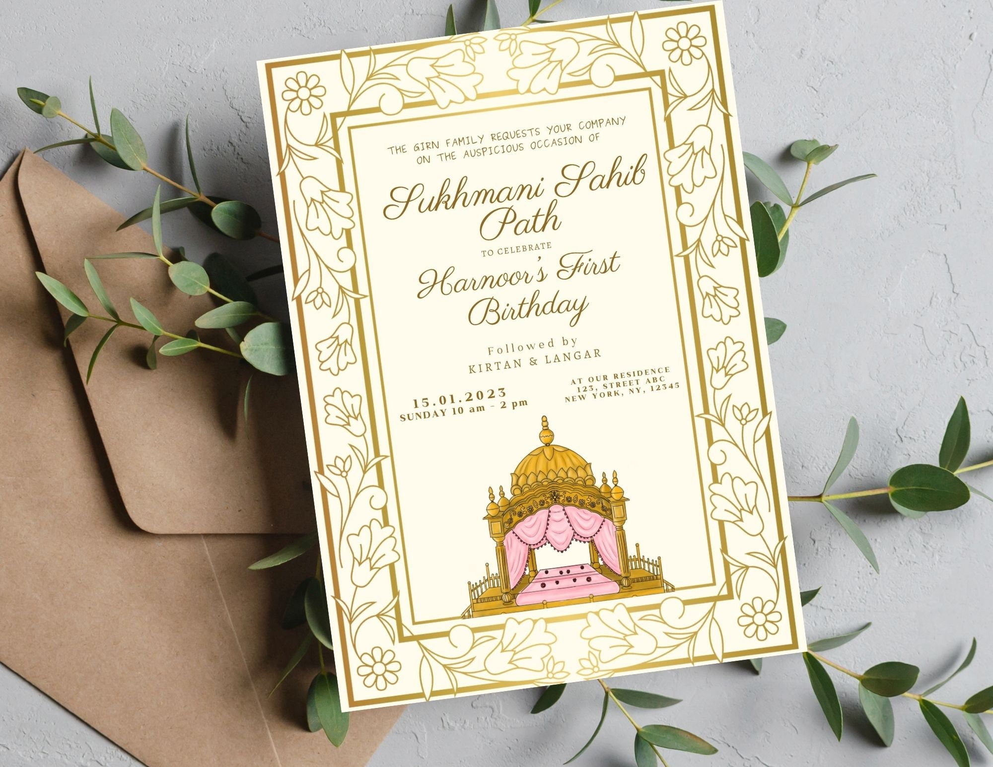 Sukhmani Sahib Paath Invite for Baby First Birthday Traditional Golden ...