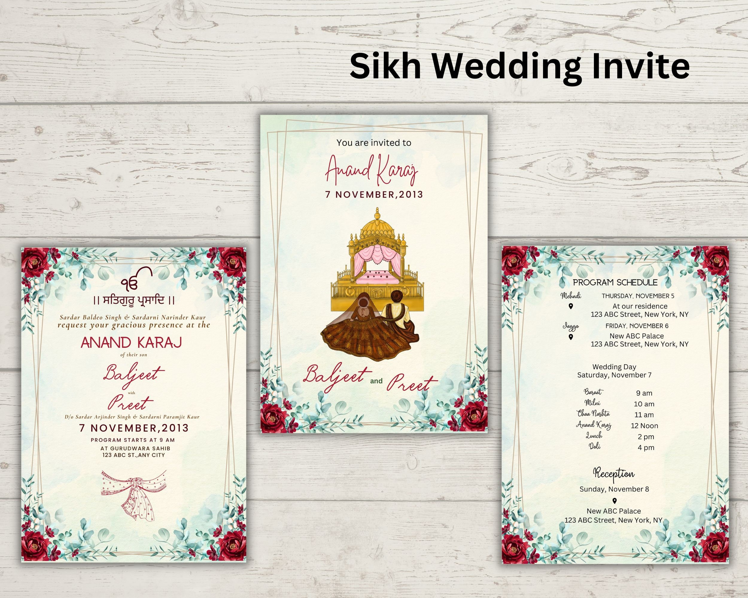 Anand Karaj Invites,sikh Wedding Ceremony Card,floral Maroon Green ...