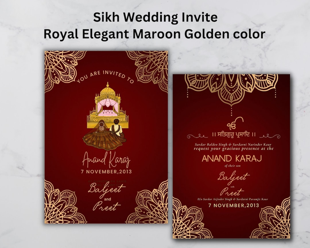Anand Karaj Invite,sikh Wedding Ceremony Card,elegant Maroon Golden ...