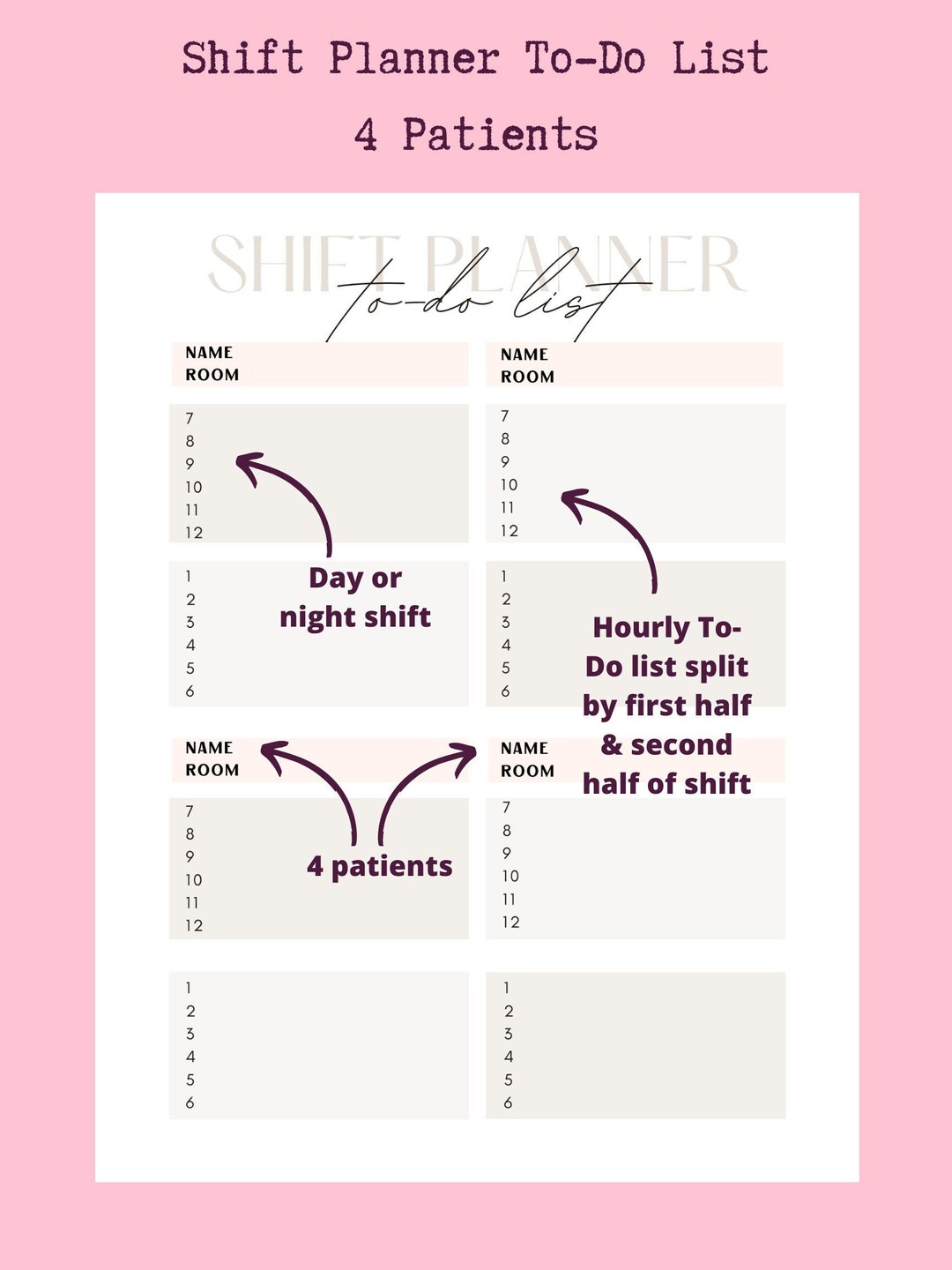 Shift Planner To-do List for 4 Patients - Etsy