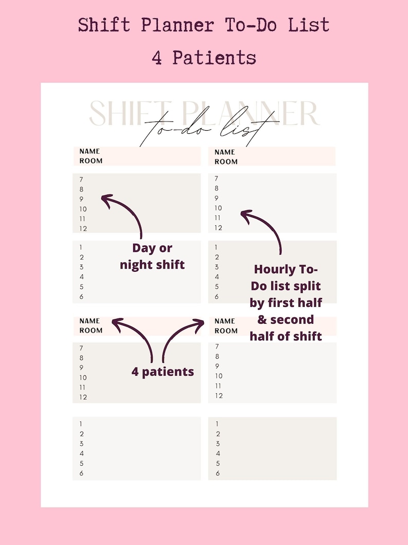 Shift Planner To-do List for 4 Patients - Etsy