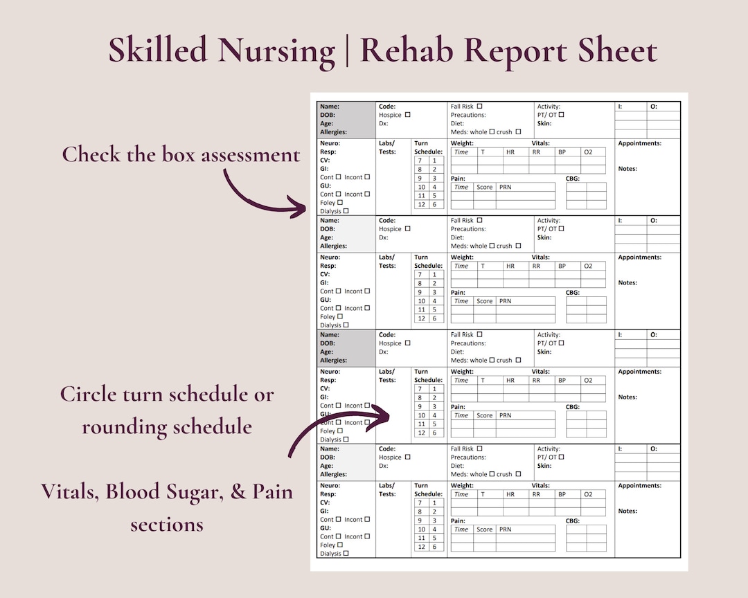 Skilled Nursing Rehab Long Term Care Nurse Brain Report Sheet (4 ...
