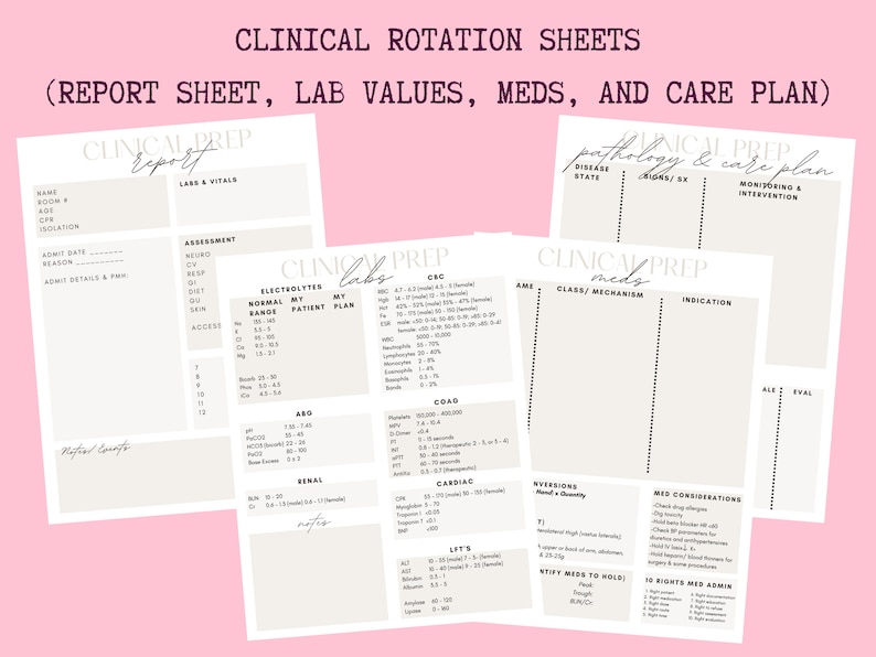 Nursing Clinical Rotation Sheets (report Sheet, Lab Values, Medications ...