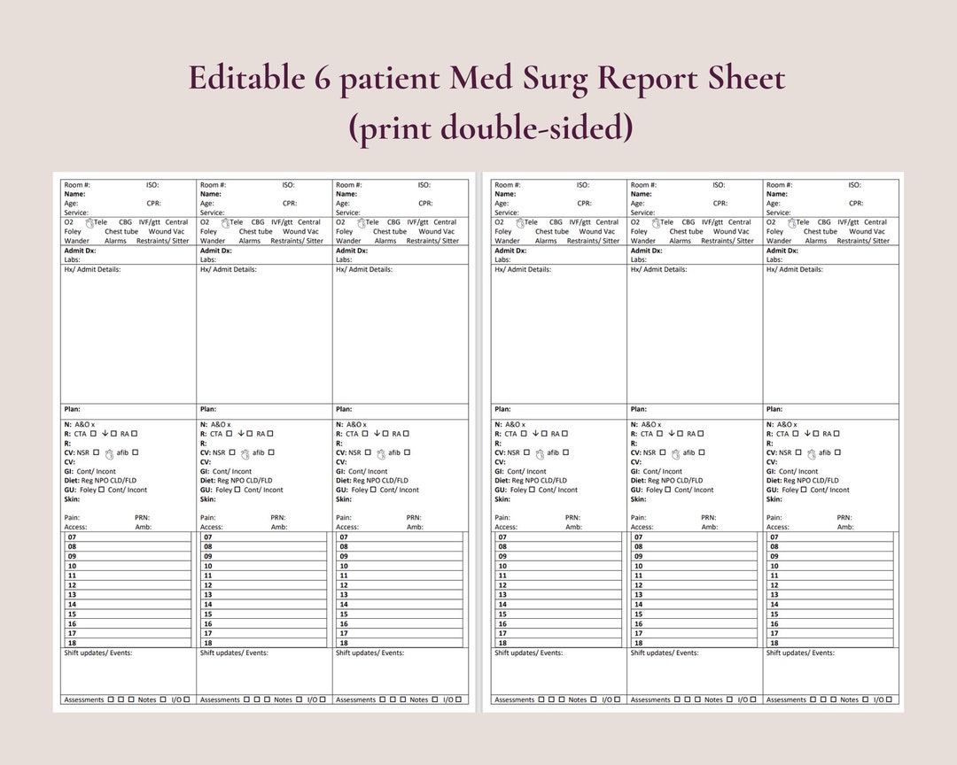 Editable Nurse Report Sheet: Med Surg Telemetry, 6 Patients (PDF & Word ...