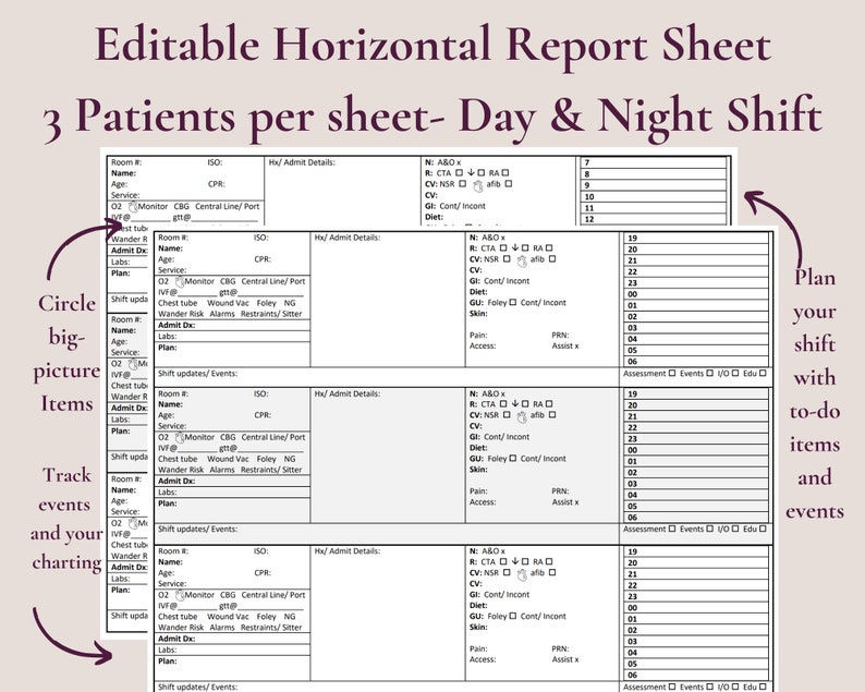 Editable Horizontal 3 Patient Nurse Report Sheet - Etsy
