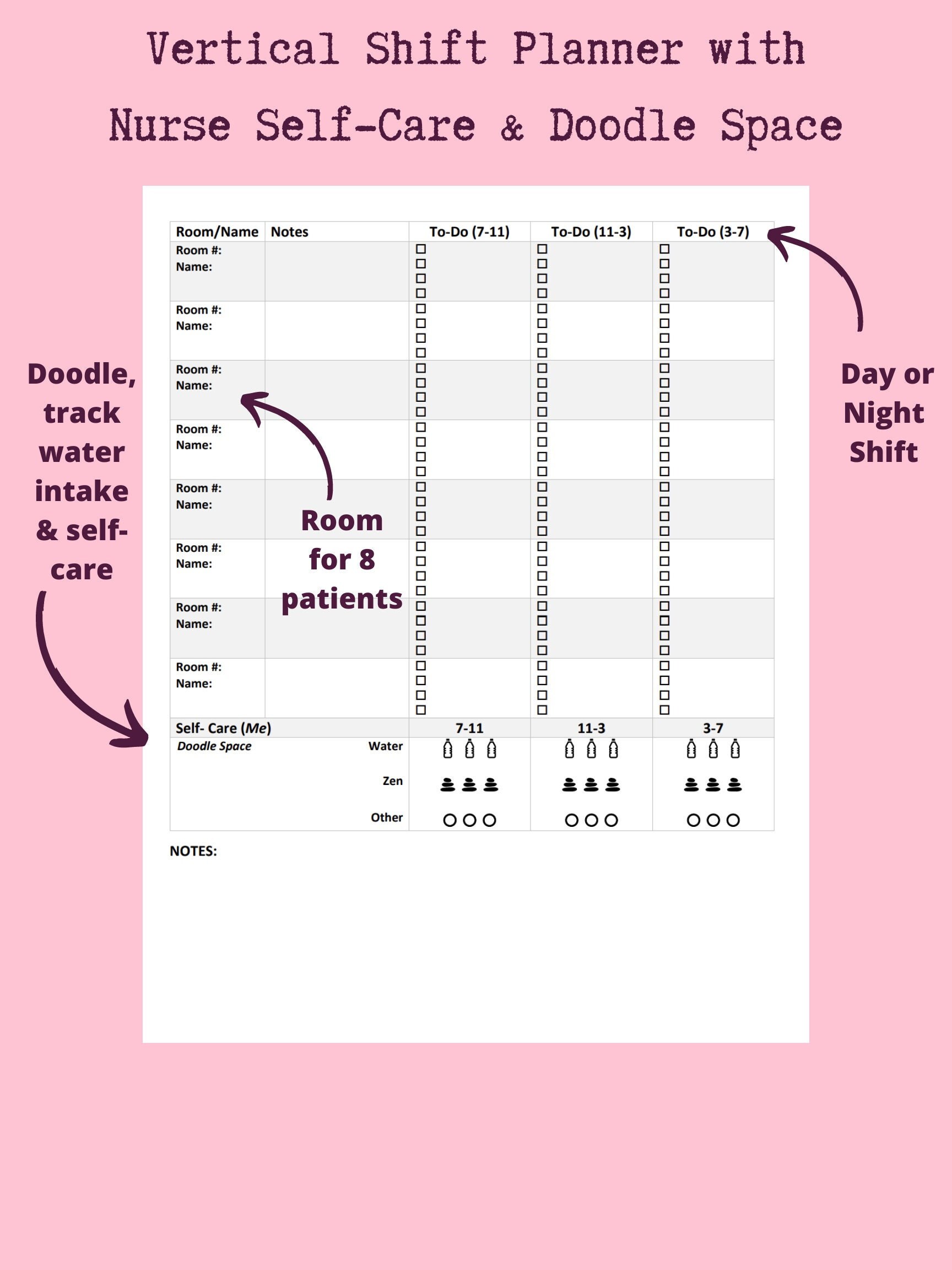 Vertical Shift Planner With Self-care and Decompress Doodle Space - Etsy