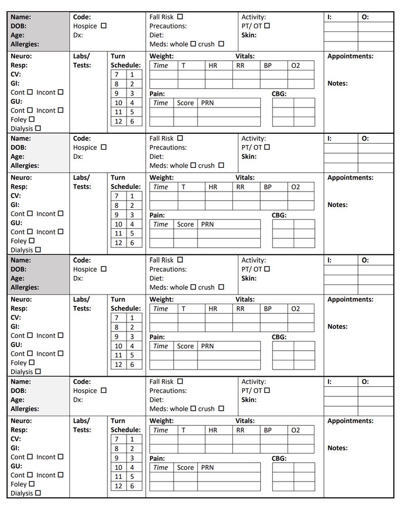 Skilled Nursing Rehab Long Term Care Nurse Brain Report Sheet (4 ...