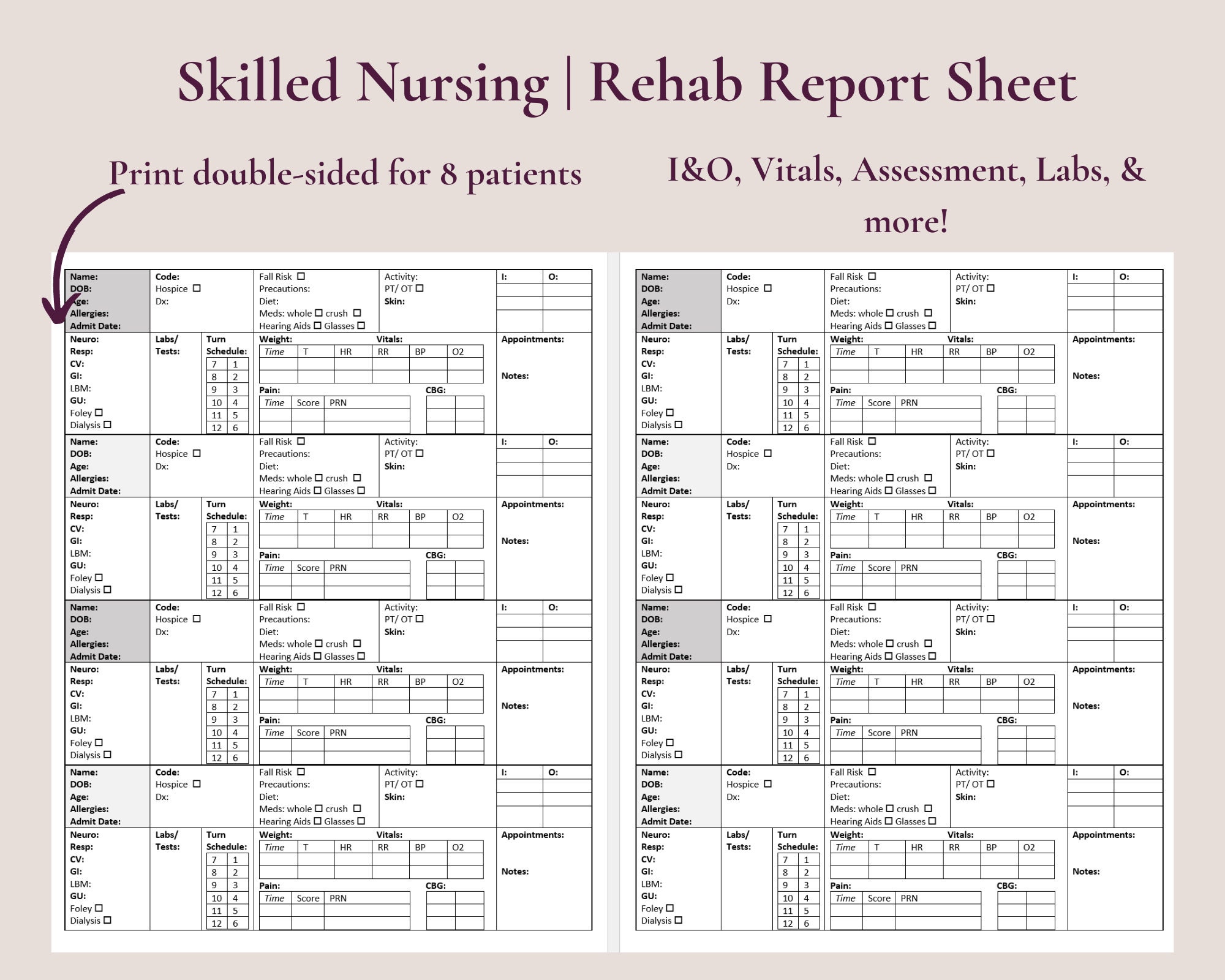 8 Patient Skilled Nursing or Rehab Report Sheet - Etsy