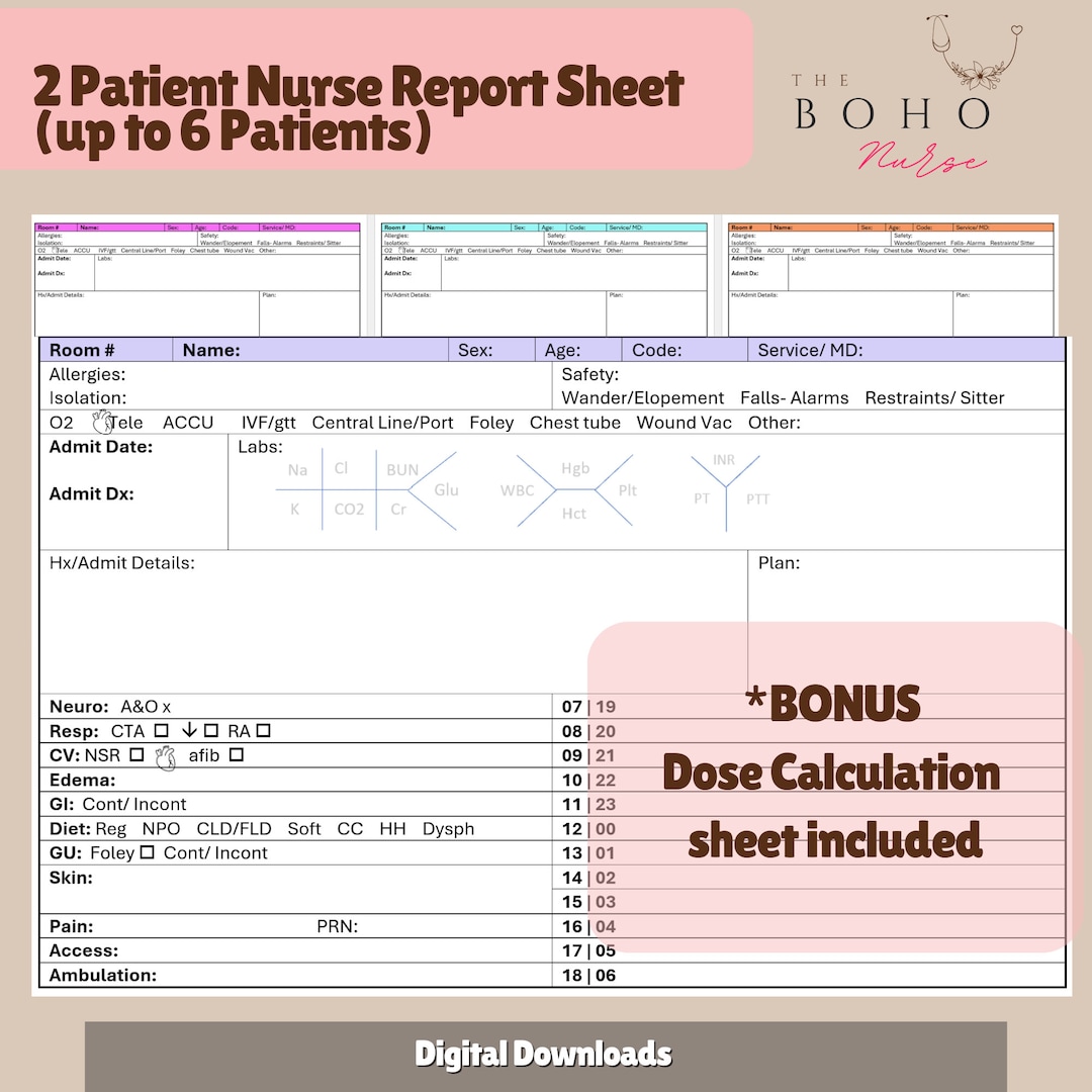 Nurse Report Sheet: 6 Patients, Med Dosage Calculation (digital ...