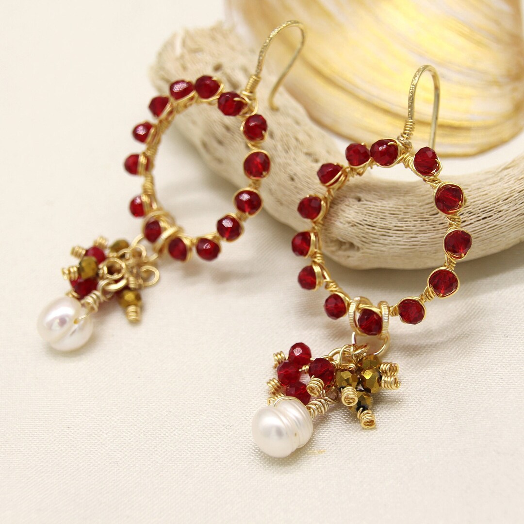 Red Dangle Drop Earrings, Beaded Hoop Earrings, Gold Handmade Christmas ...