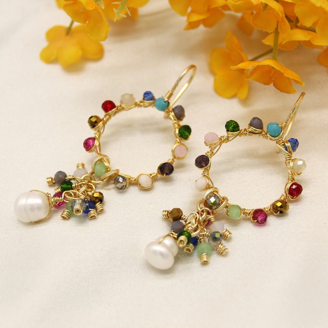 Multicolor Hoop Earrings, Gold Hoop Earrings, Beaded Wire Hoop Earrings ...