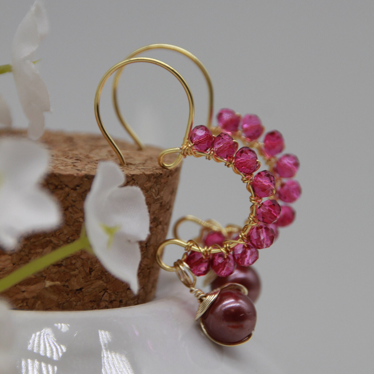 Heart Earrings With White Nacre Pearl, Gold Wire Heart Earrings, Bead ...