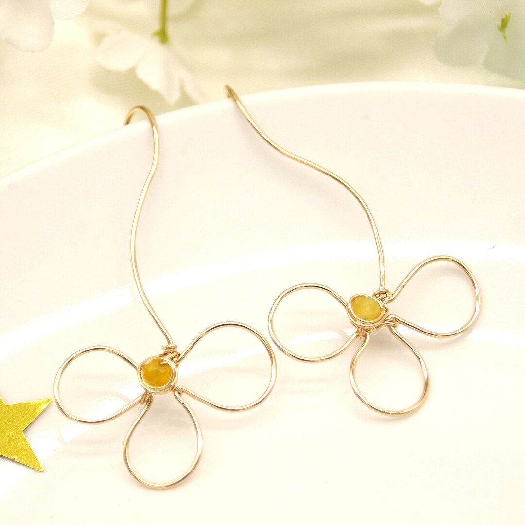 Yellow Flower Threader Earrings for Women, 14k Gold Filled Topaz ...