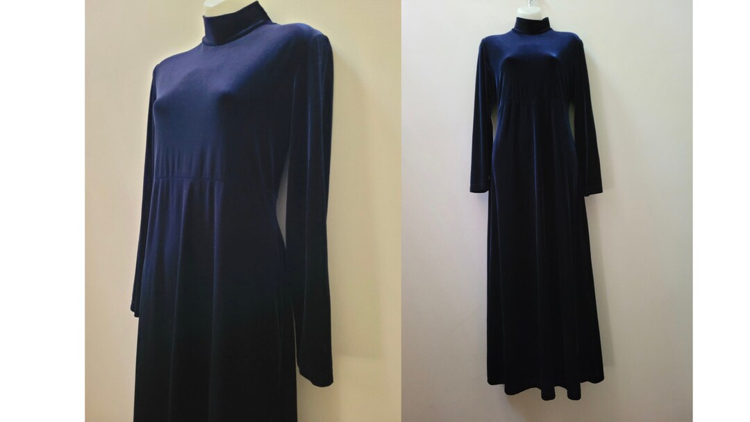 90s Velvet Maxi Dress | Stretch Velvet Midnight Blue Dress - Etsy