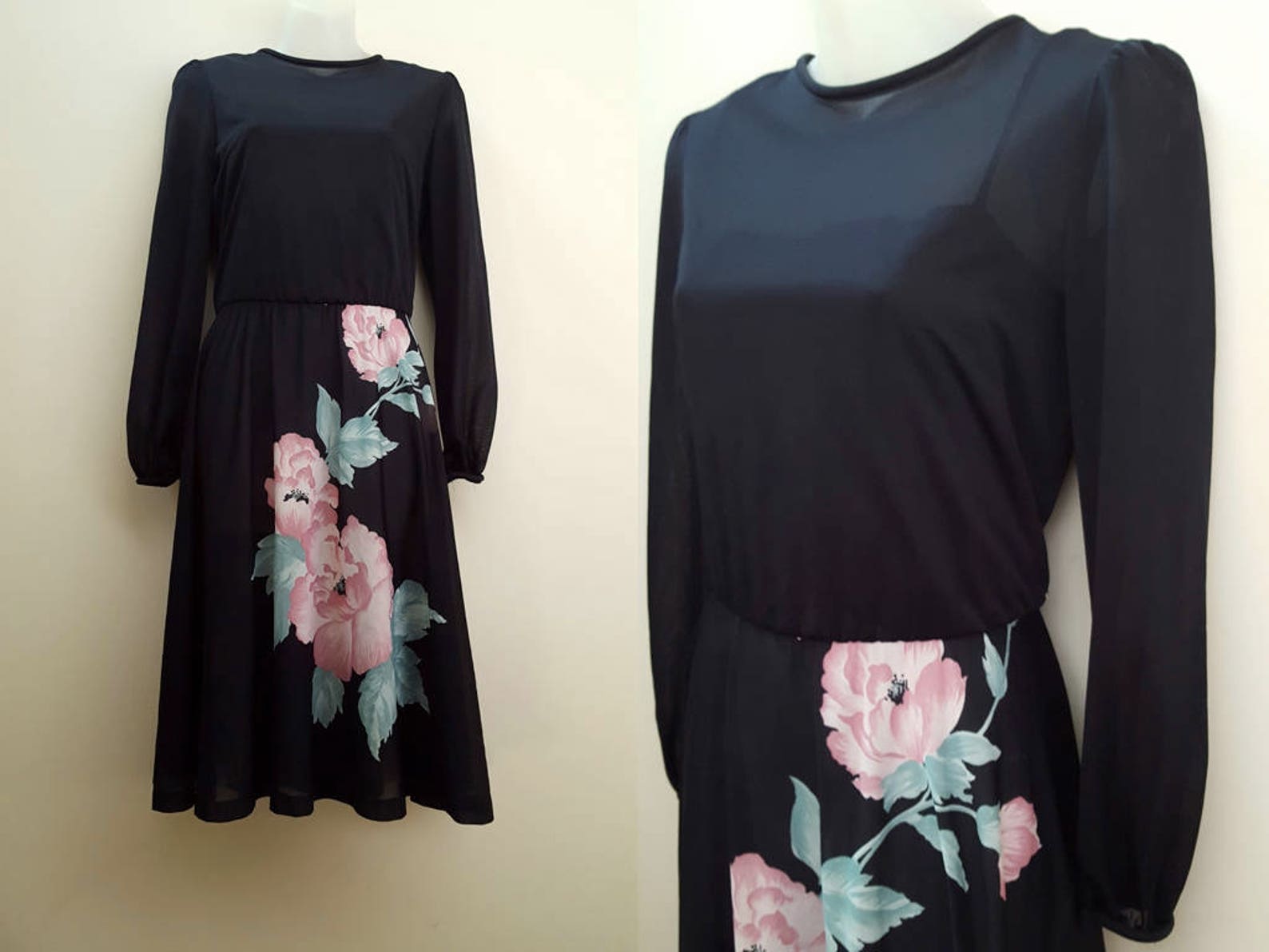 1970s Dress / Vintage 70s Black Floral Print Sheer Dress - Etsy