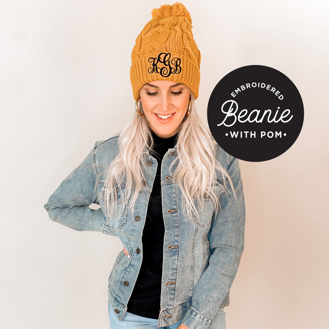 Monogram Beanie, Pom Beanie, Faux Fur Pom, Embroidered Beanie ...