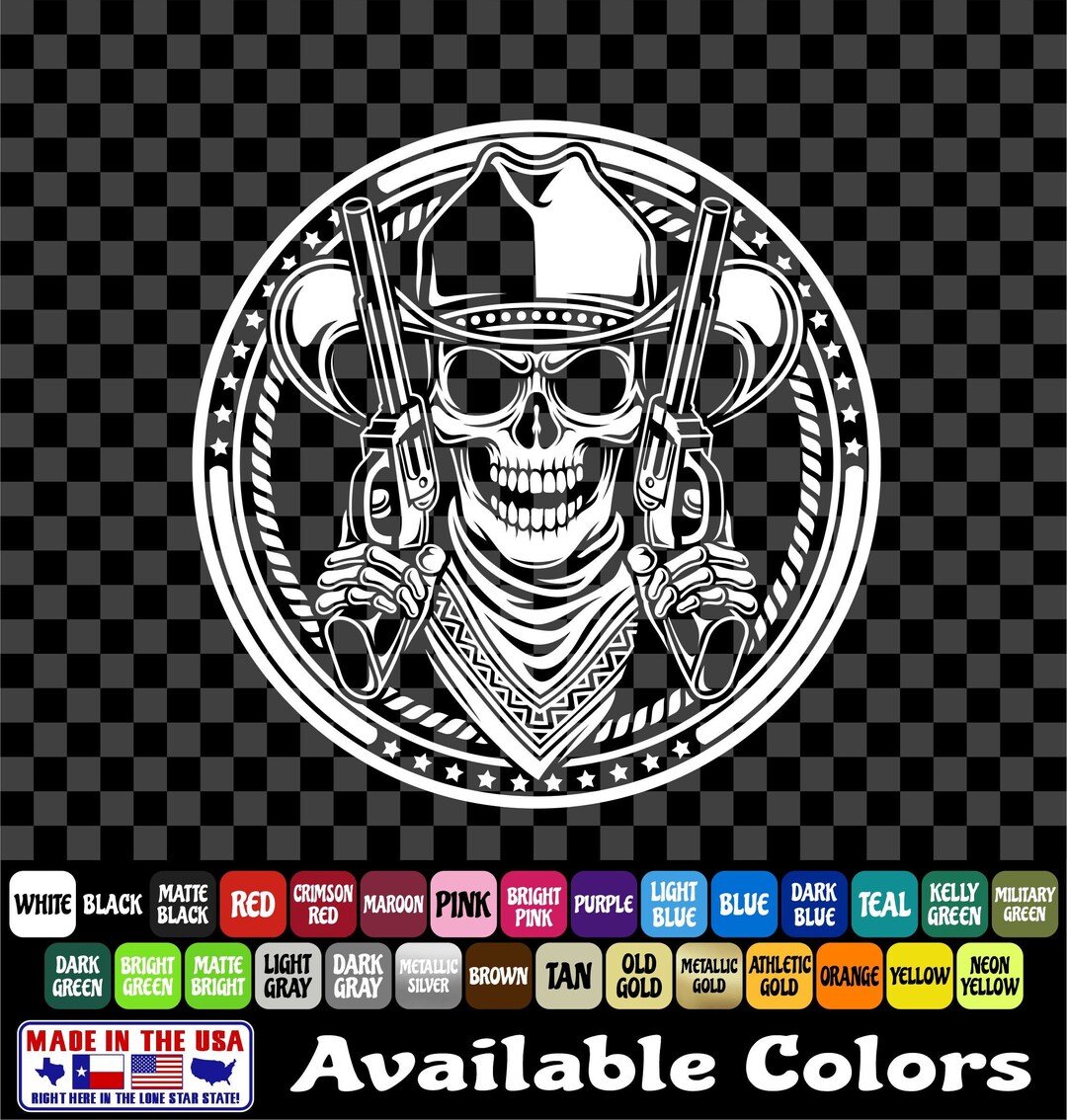 Cowboy Skull Sticker Skeleton Western Guns Revolver Hat Vinyl Decal Car ...