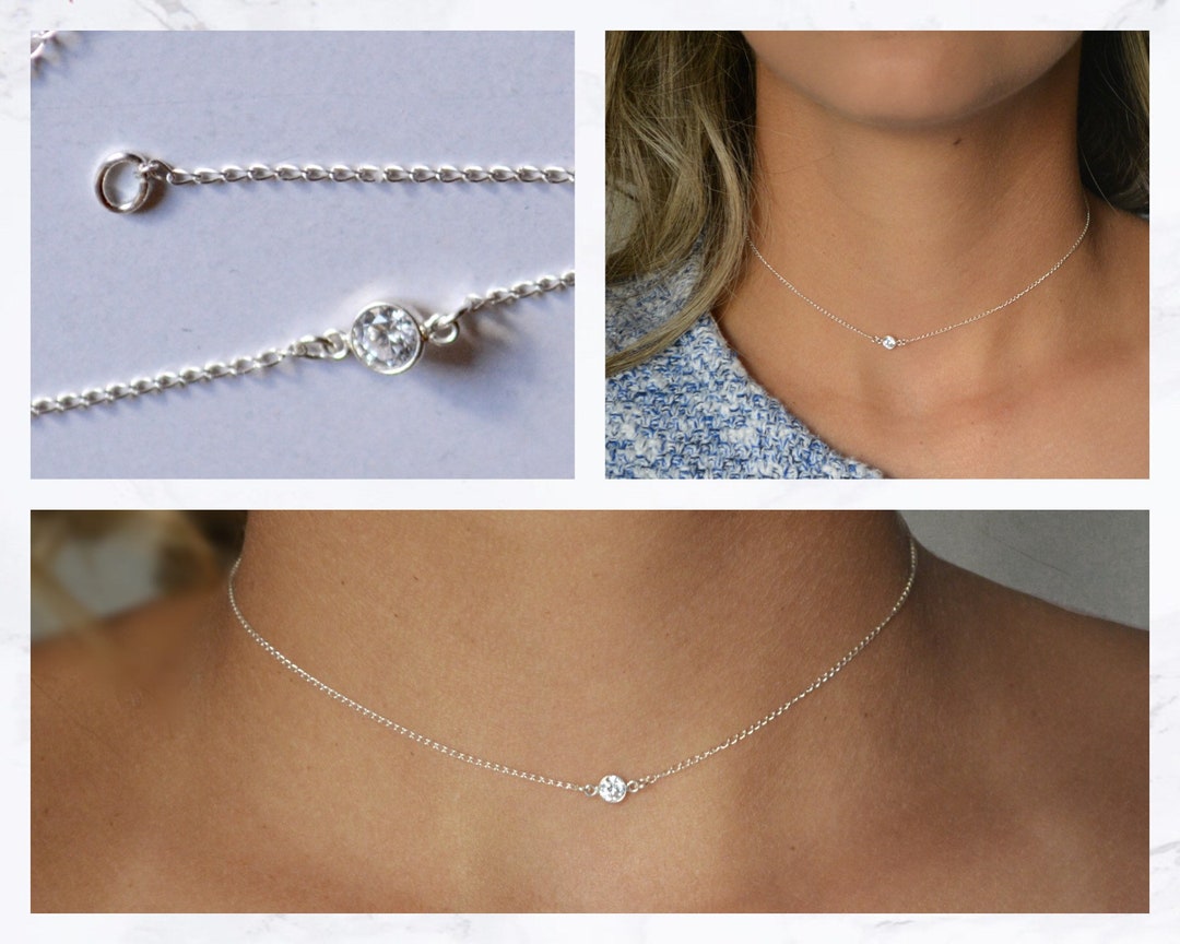 Silver Choker / Single CZ Solitaire Bridal Bridesmaid Gift - Etsy