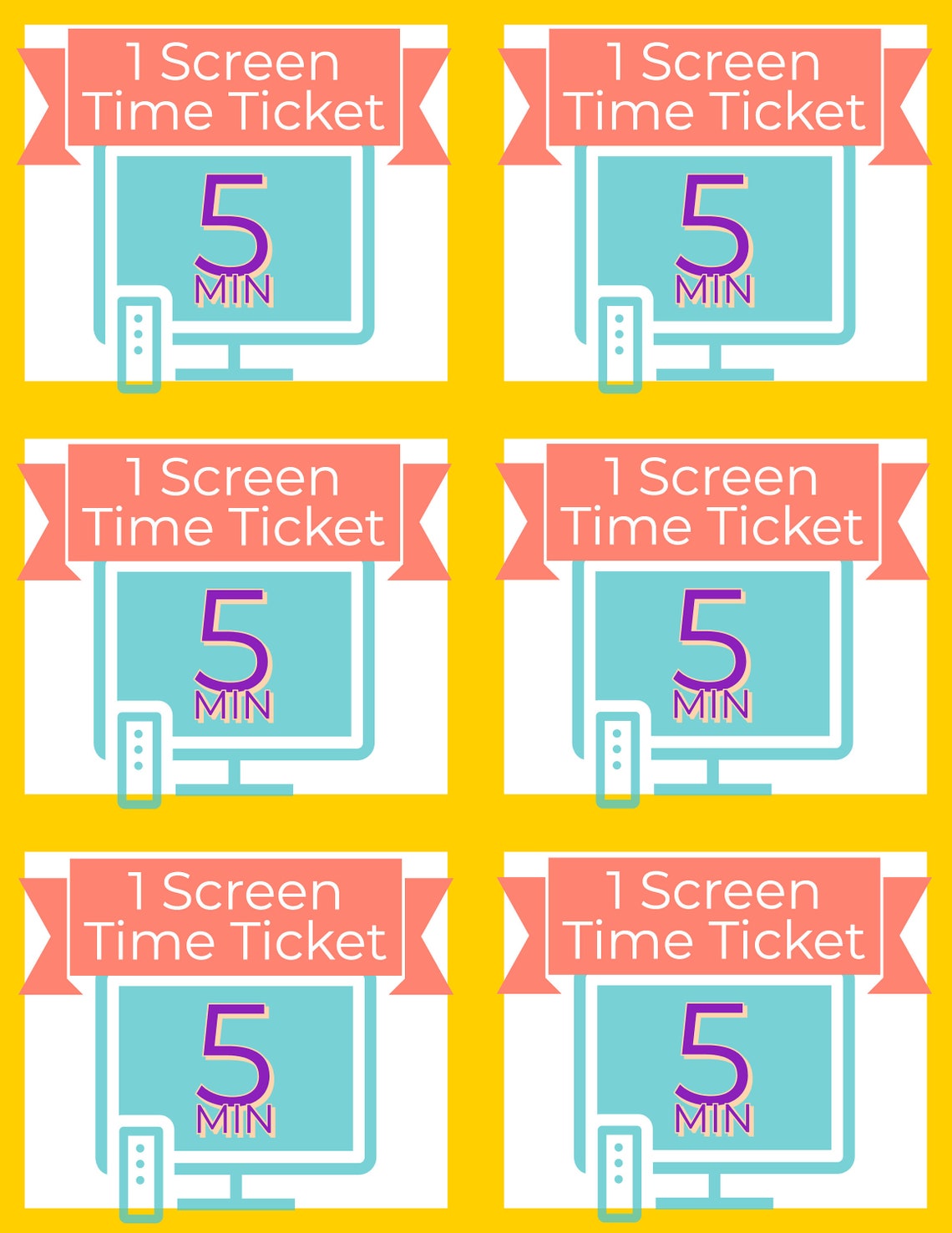 Screen Time Tickets - 5 Min - Etsy