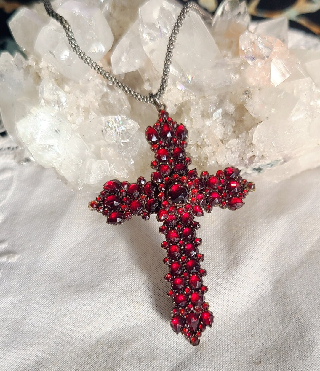Antique Bohemian Garnet Gothic Cross Pendant 1880s Authentic Rose Cut ...