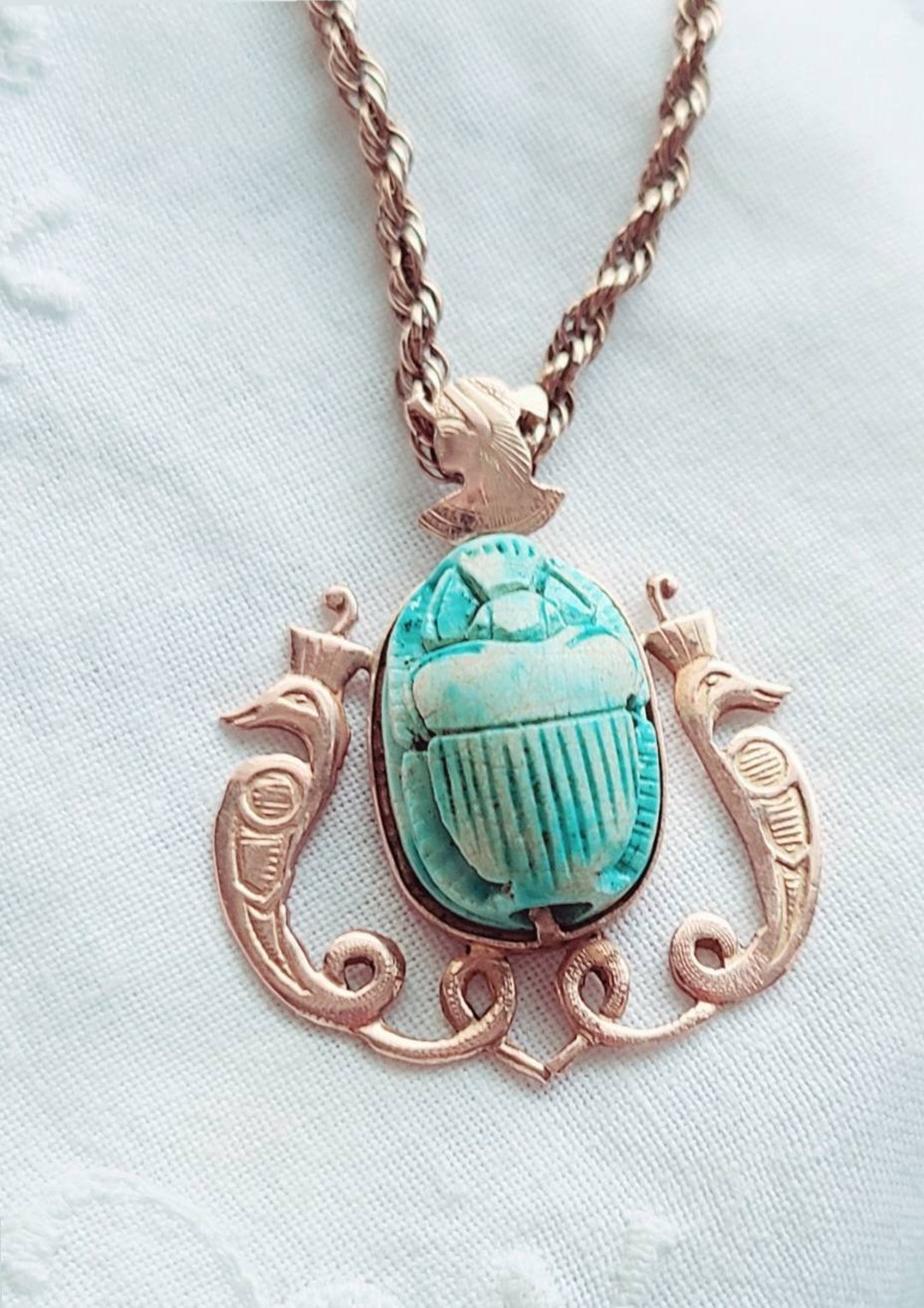 Antique 14K Gold Egyptian Revival Scarab Pendant Goddess Isis Serpents ...