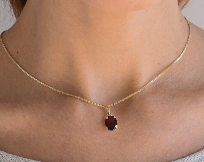 14K Gold Oval Necklace, Solid Gold Gemstone Necklace, Red Garnet ...