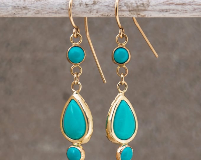 14K Gold Turquoise Earrings, Turquoise Jewelry, Long Earrings, Dangle ...
