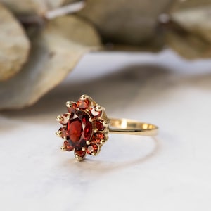 14k Garnet Ring, Cluster Gold Ring, Gold Ring Woman, Real Gold Jewelry, Birthstone Ring, Red ...
