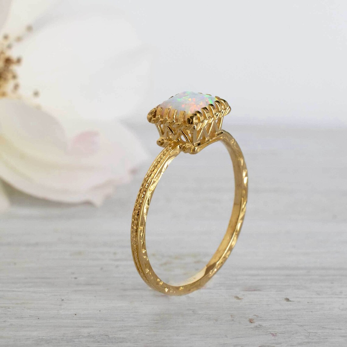White Opal Ring 14K Solid Gold Ring October Birthstone - Etsy