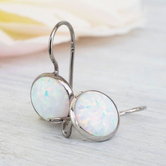 14K White Gold Classic Opal Dangle Earrings Opal Jewelry White Opal Earrings Fire Opal October Birthstone Jewelry Earrings for Women Etsy