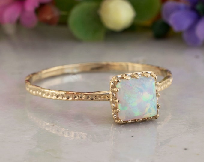 White Opal Ring 14K Solid Gold Square Ring Dainty Gold Ring October ...