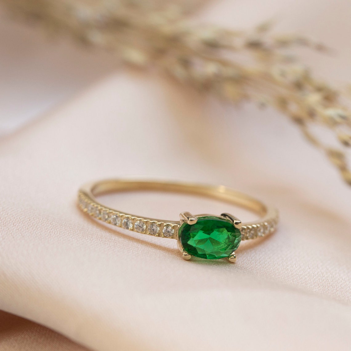 14K Solid Gold Half Eternity Ring, Green Stone Engagement Ring, Real ...