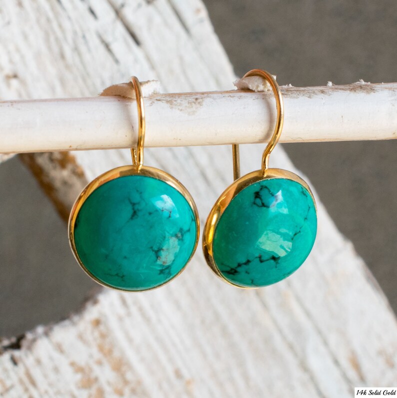 14K Gold Turquoise Earrings Large Turquoise Earrings Gold | Etsy