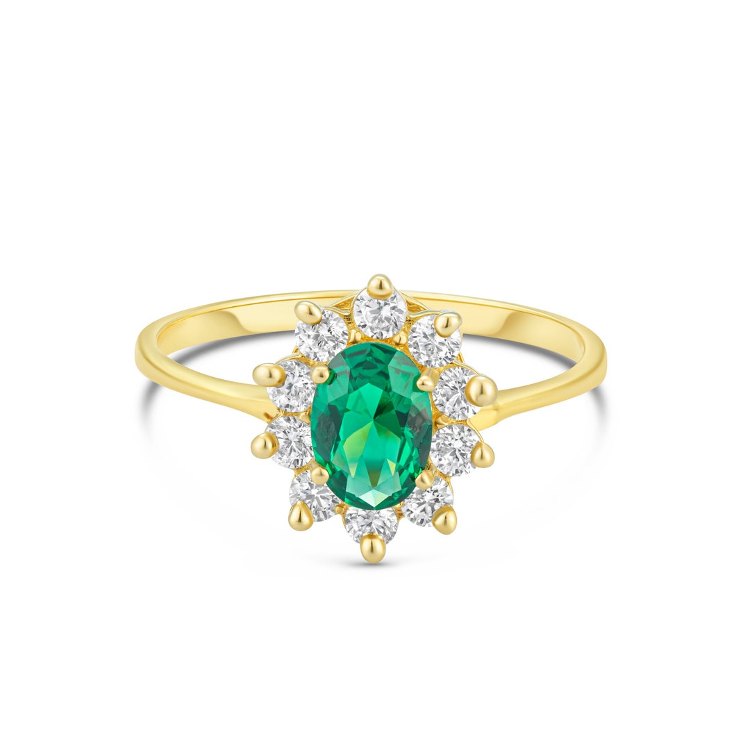 14K Solid Gold Halo Ring With Green Oval Gemstone • Green Stone Yellow ...