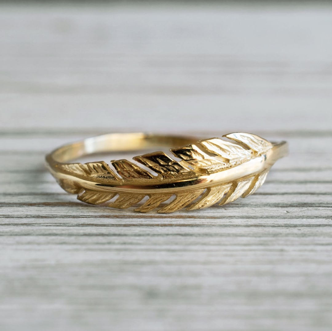 14K Solid Yellow Gold Feather Ring, Dainty Fetaher Ring, Promise Gold ...