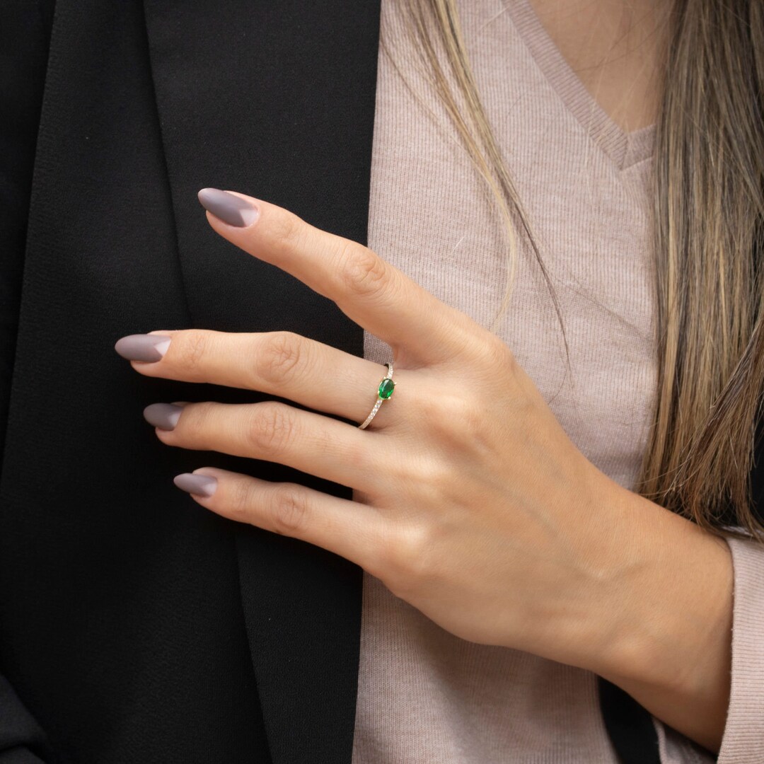 14K Solid Gold Half Eternity Ring, Green Stone Engagement Ring, Real ...