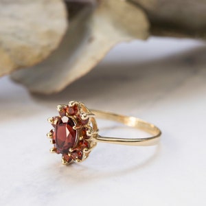 14k Garnet Ring, Cluster Gold Ring, Gold Ring Woman, Real Gold Jewelry, Birthstone Ring, Red ...